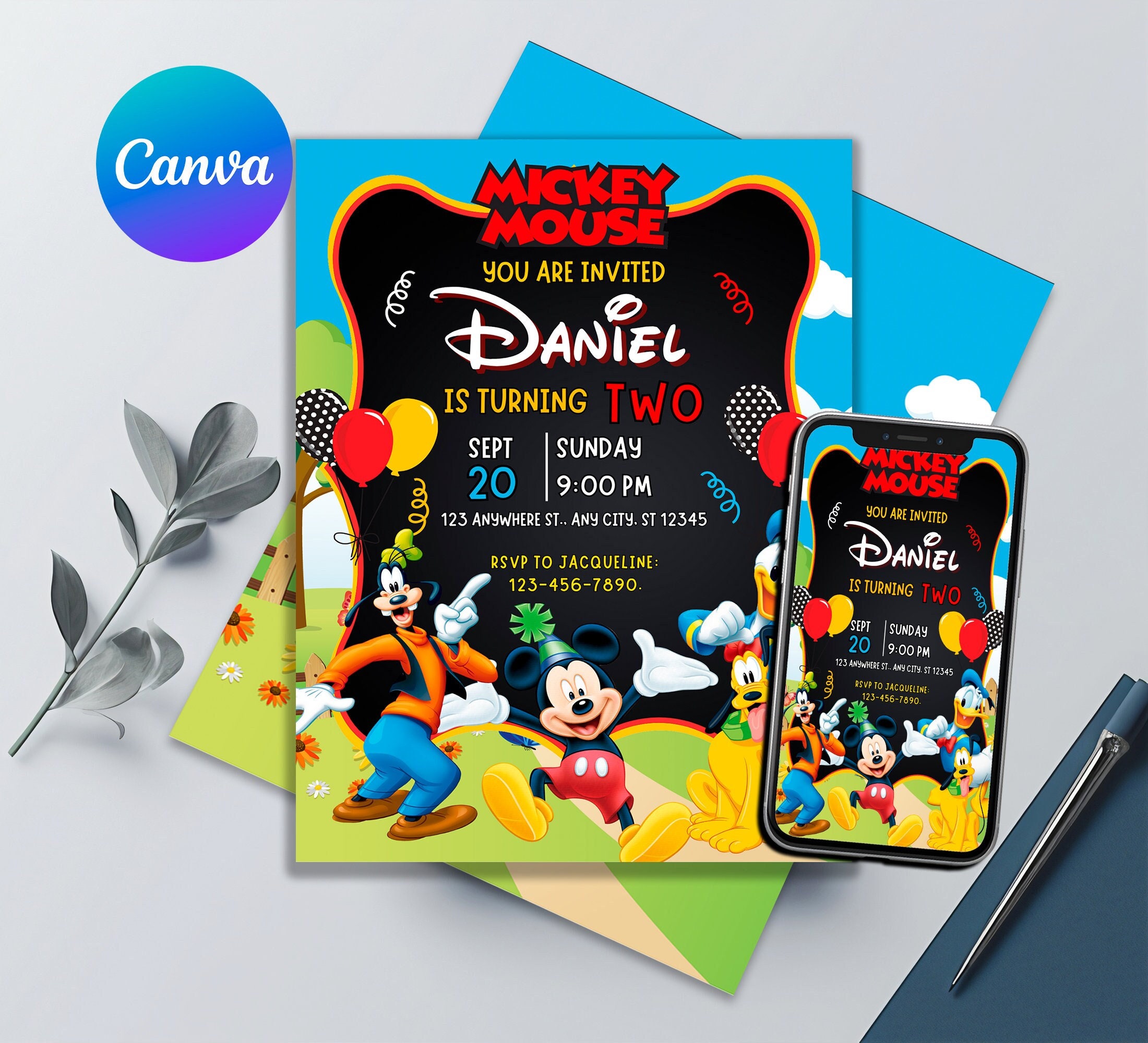 Mickey Mouse Birthday Invitation, Mickey Mouse Party Invite, Editable ...