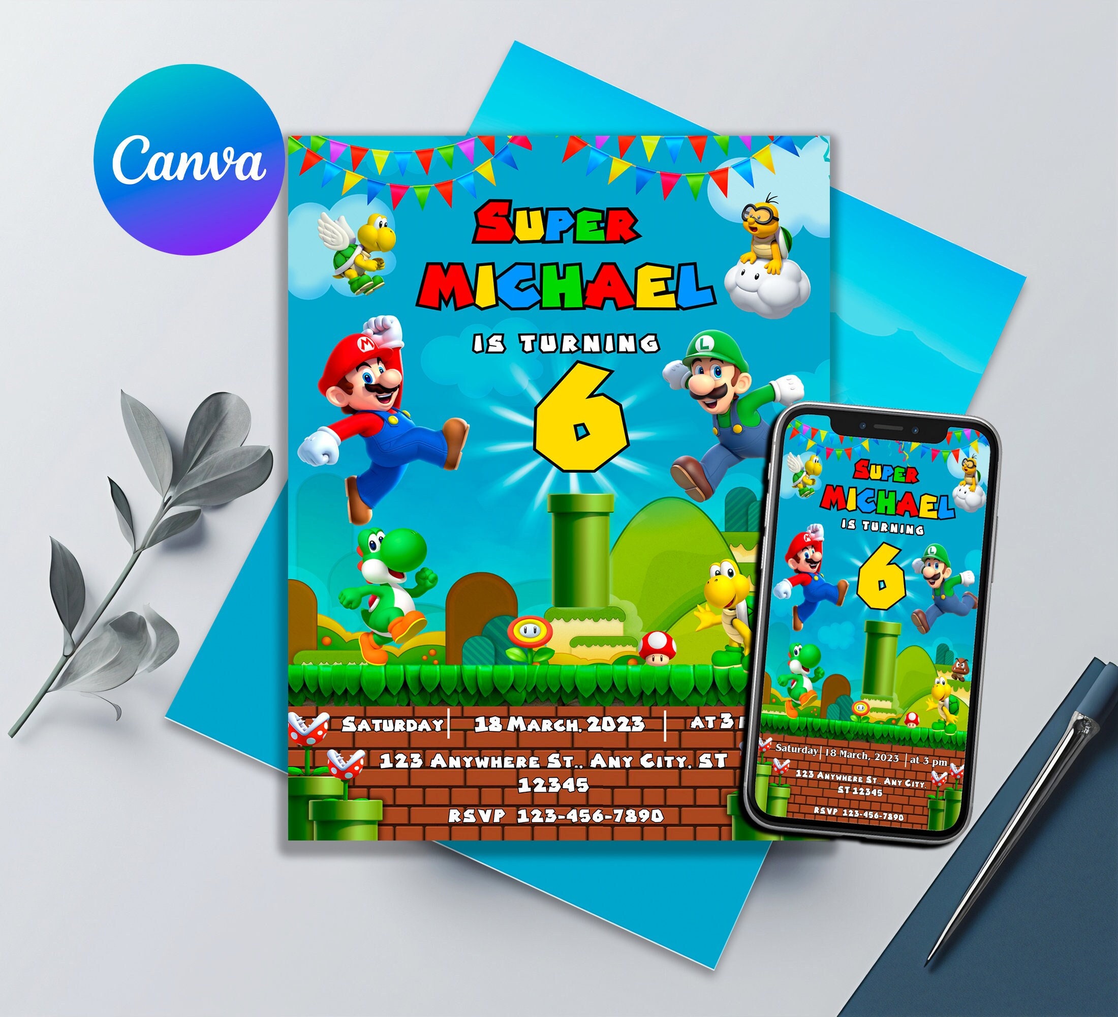 Super Mario Bros Invitation, Super Mario Birthday Invitation, Super ...