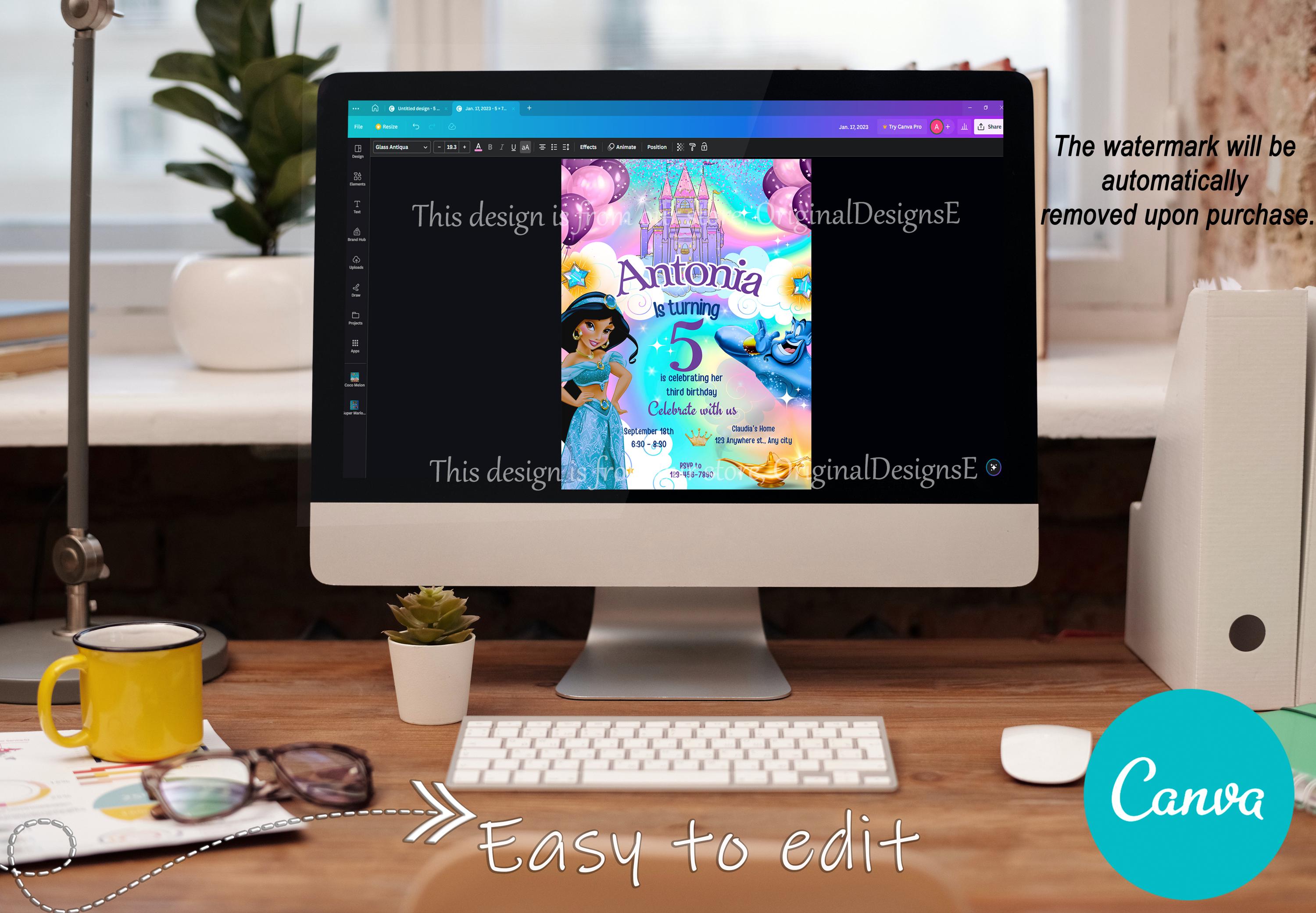 Jazmin Birthday Invitation: Printable & Editable Template | Aladdin ...