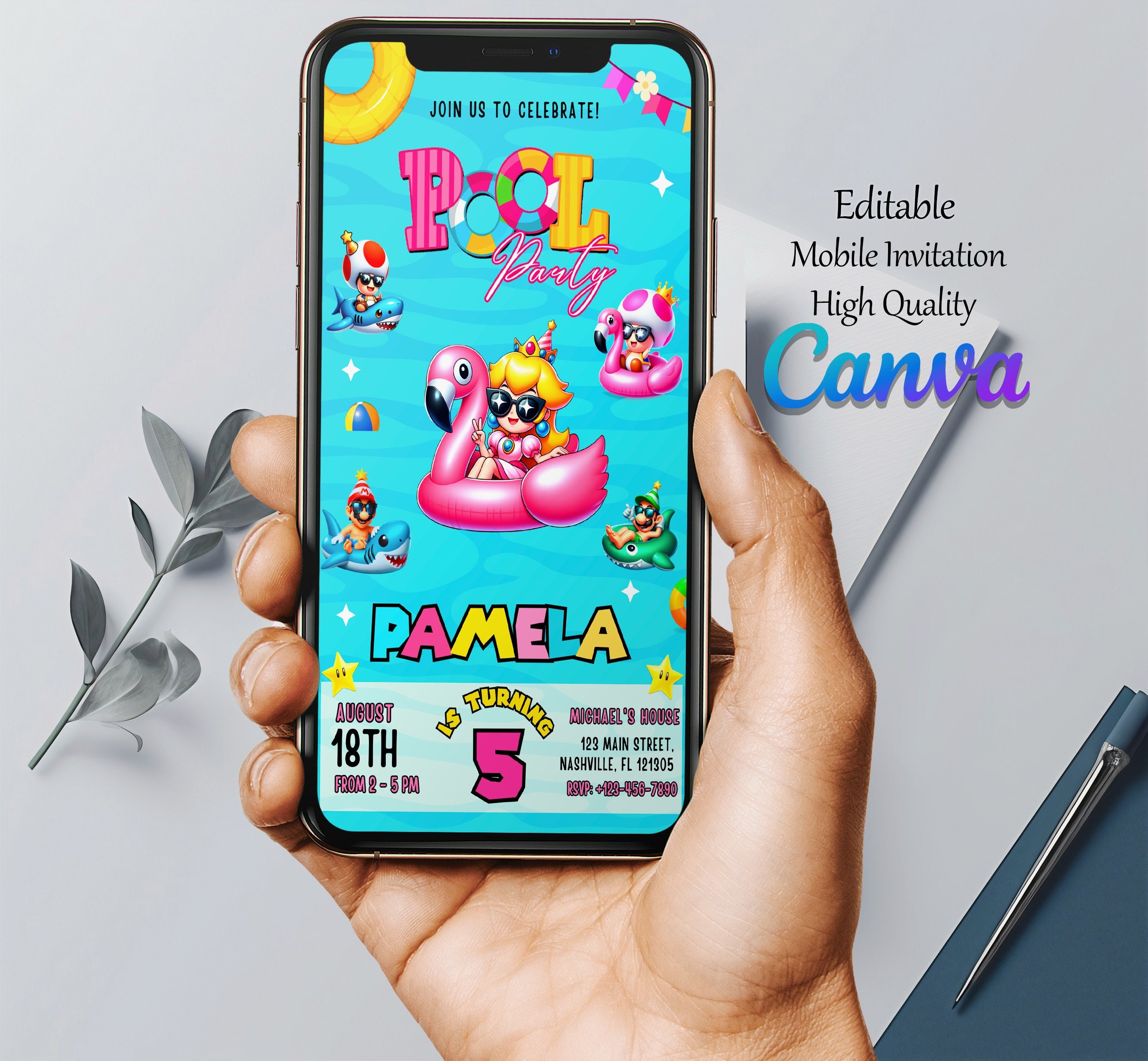 Princess Peach Pool Party Birthday Invitation | Editable & Printable ...