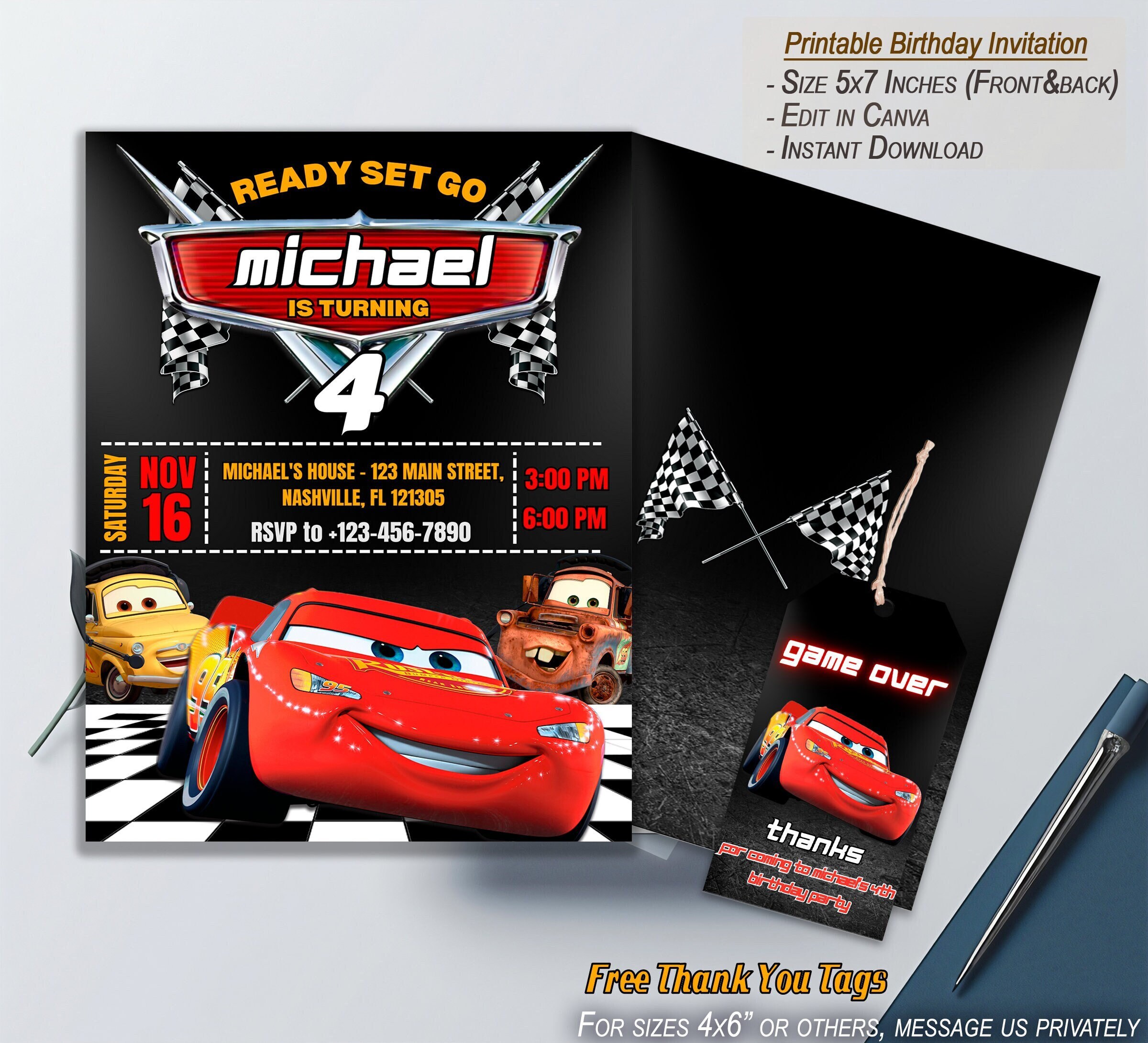 Cars Birthday Invitation Lightning Mcqueen Party Invite Kids Birthday ...