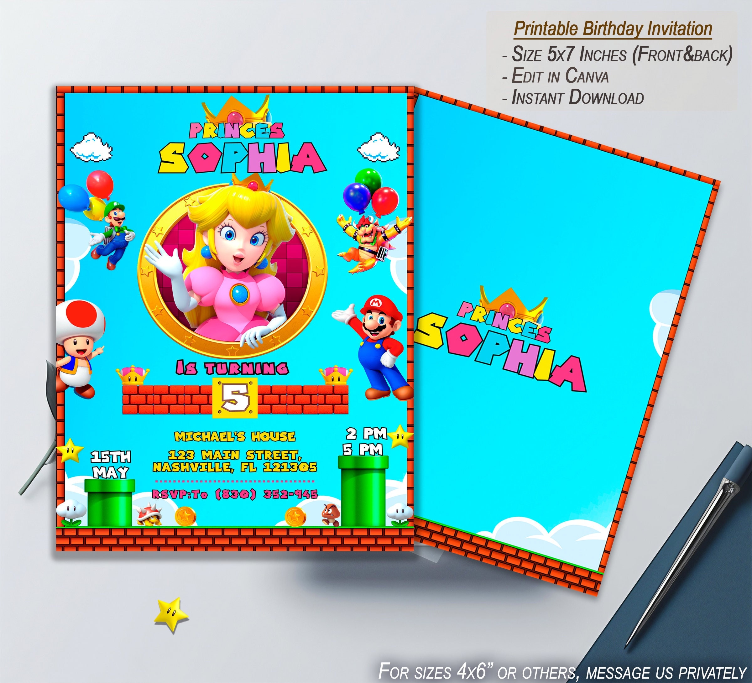 Princess Peach Birthday Invitation - Charming Super Mario Princess ...