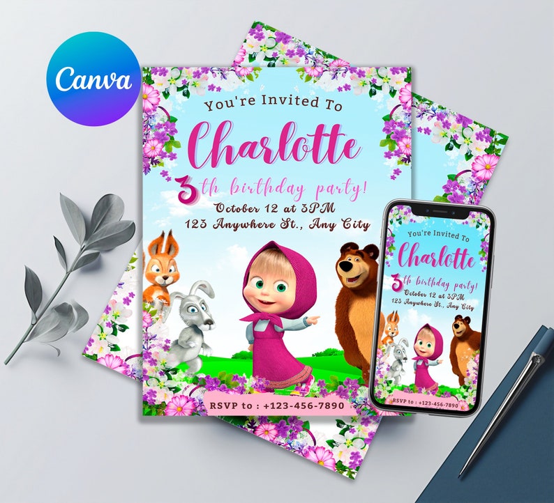 Masha And The Bear Birthday Invitation Masha Birthday Party Invite