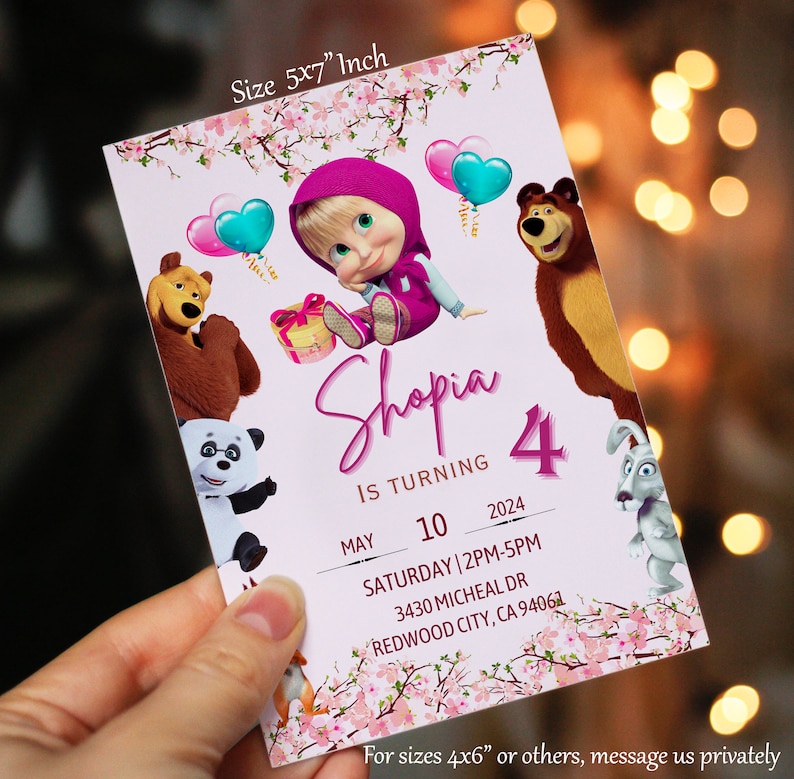 Masha and the Bear Birthday Invitation Masha Birthday Party Invite ...