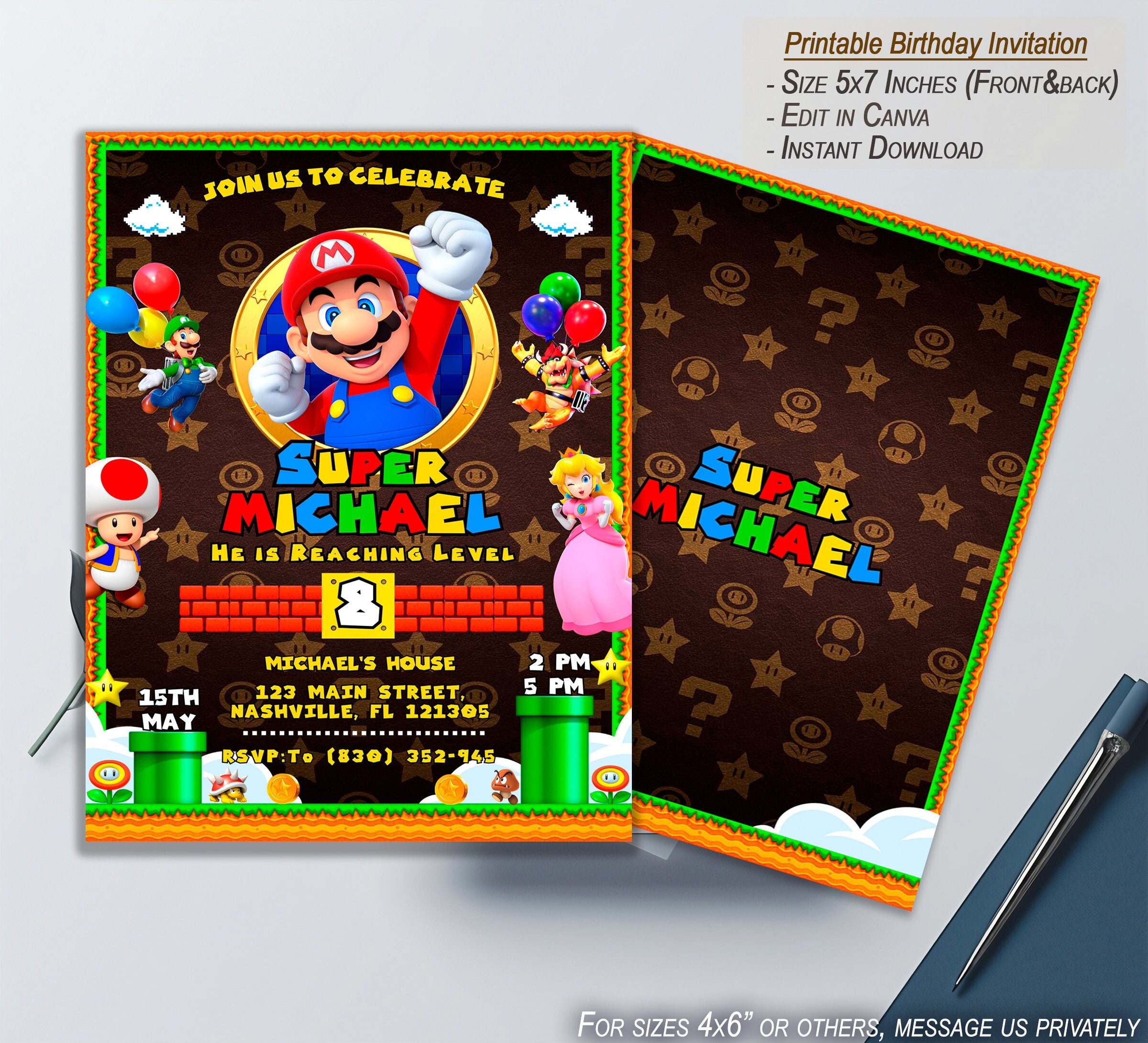 Super Mario Bros Invitation, Super Mario Birthday Invitation, Super ...