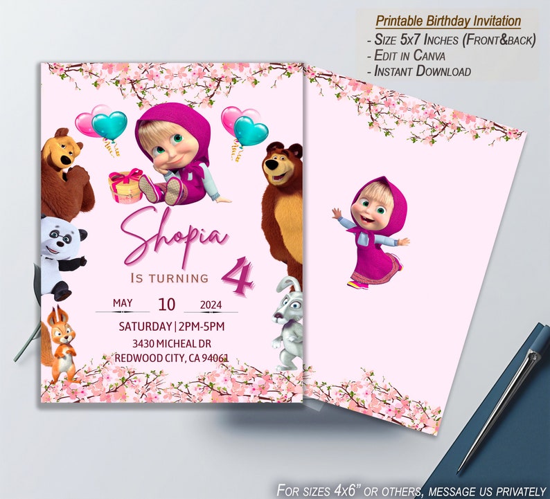 Masha and the Bear Birthday Invitation Masha Birthday Party Invite ...