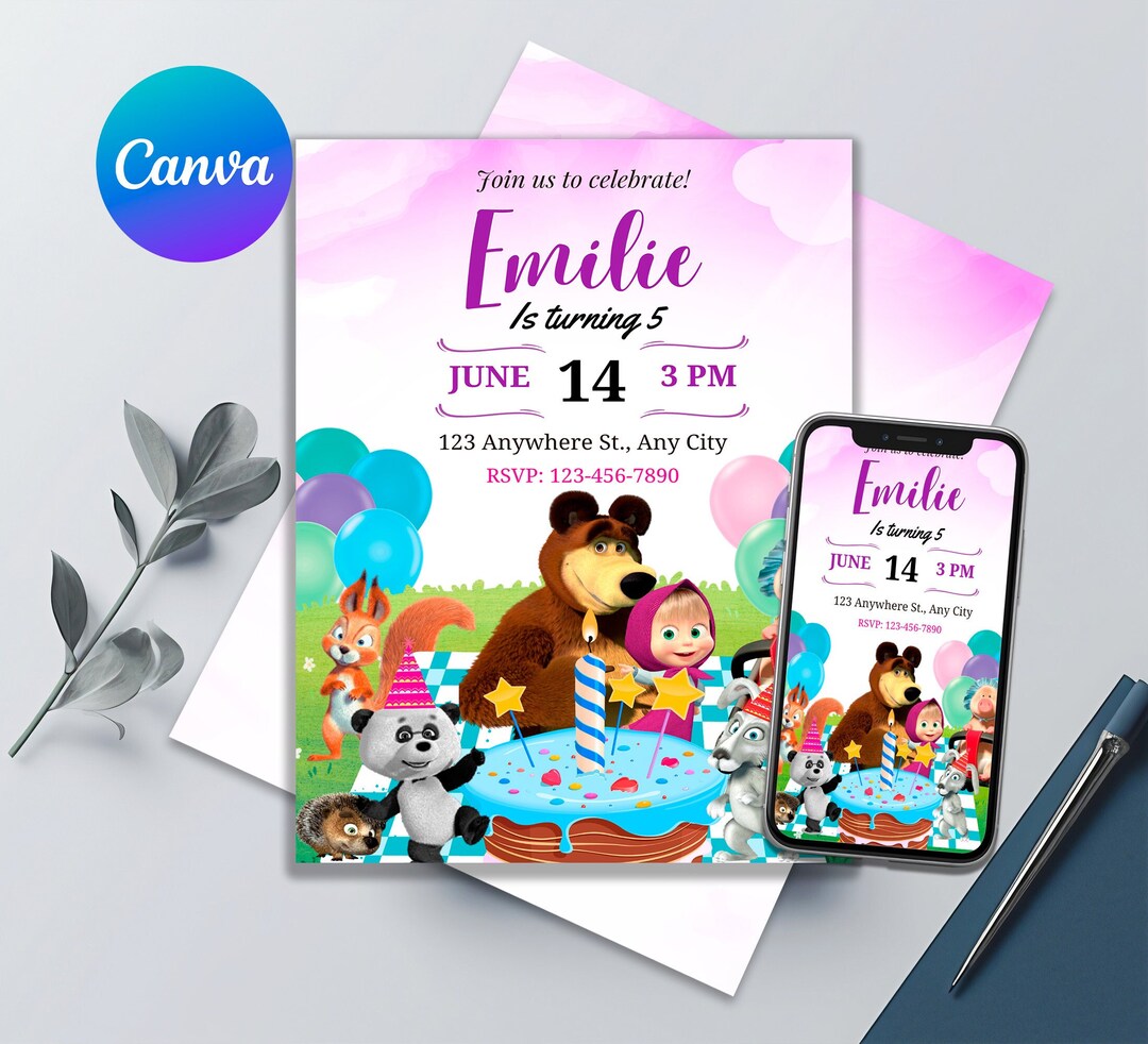 Masha and the Bear Birthday Invitation Masha Birthday Party Invite ...