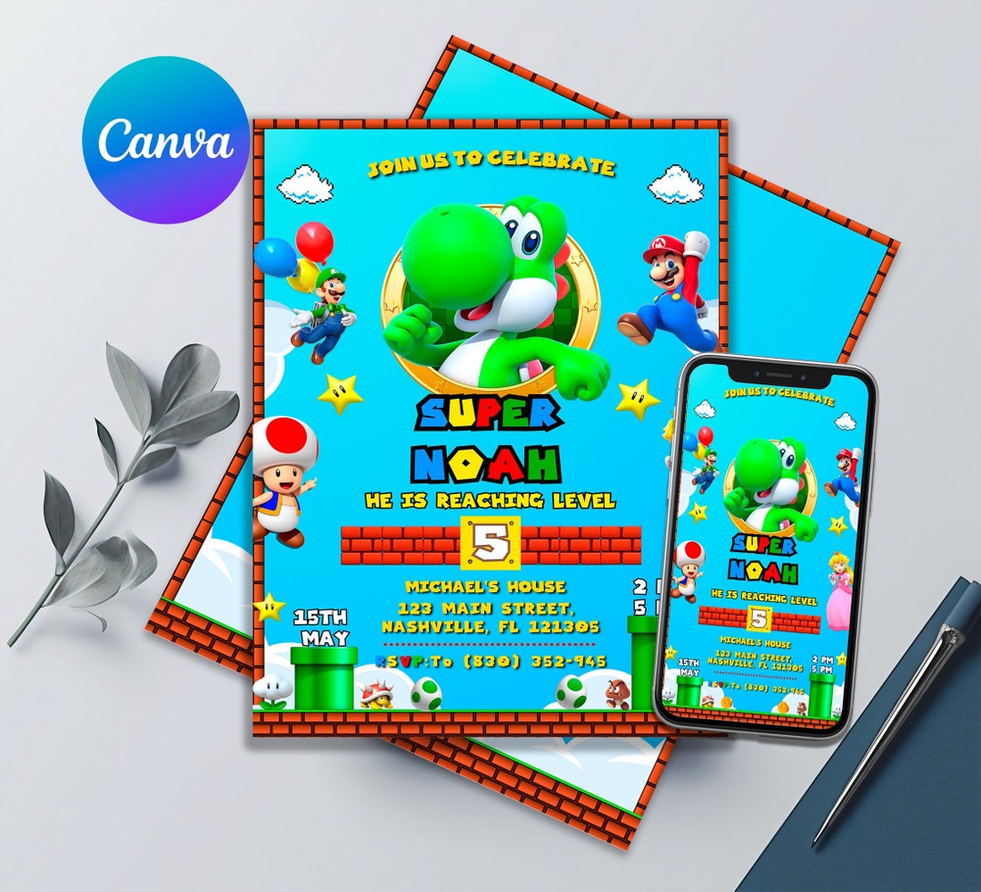 Yoshi Birthday Invitation | Printable Editable Canva Template | Digital ...