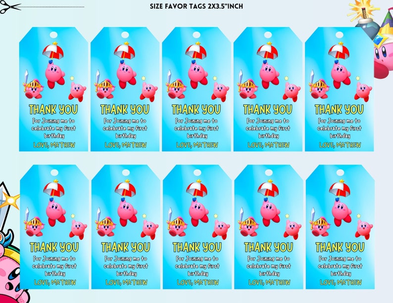 PRINTABLE Kirby Thank You Tag Template, Kirby Birthday Favor Tags ...