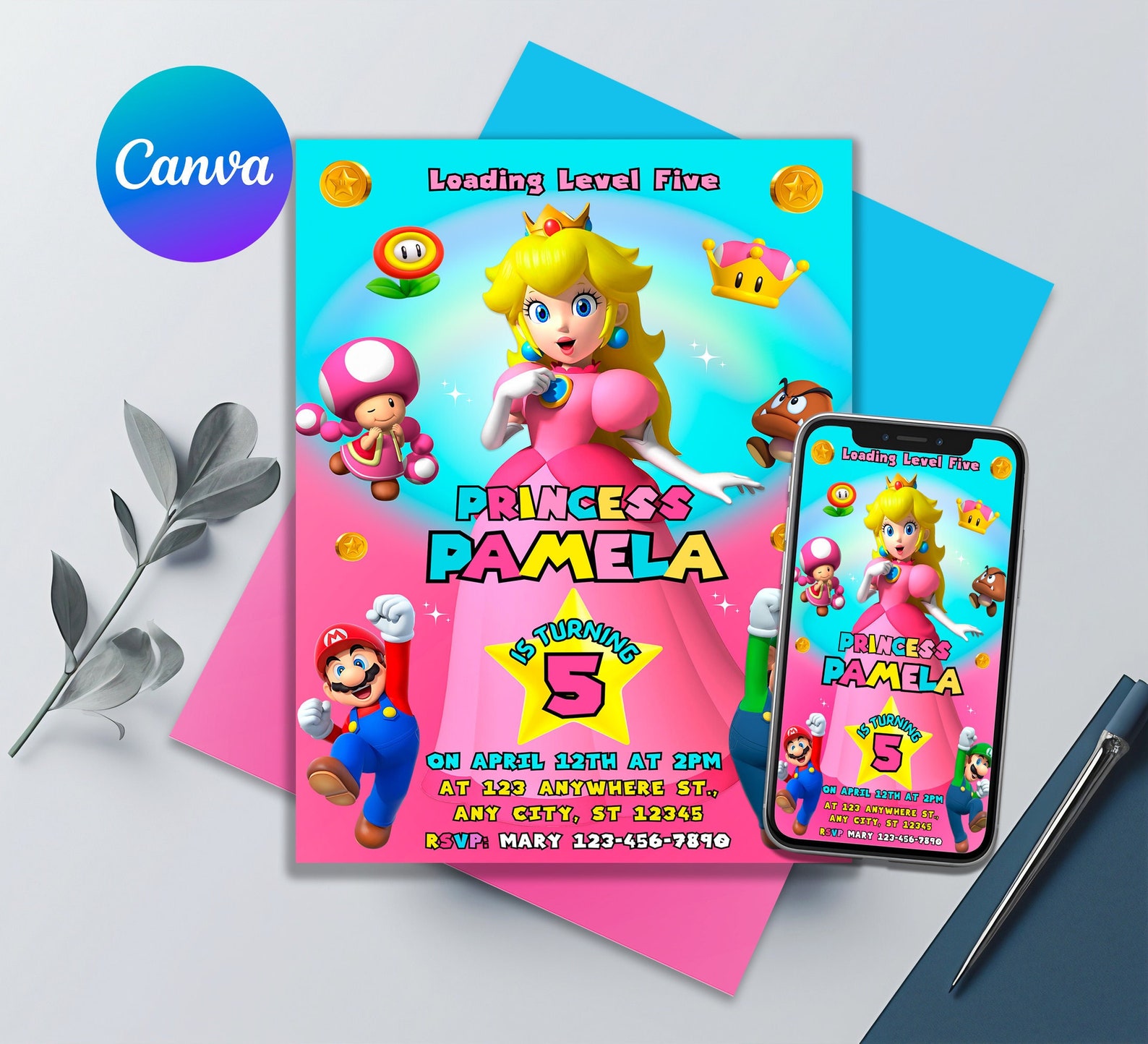 Princess Peach Birthday Invitation Cute Princess Peach Birthday Invite ...