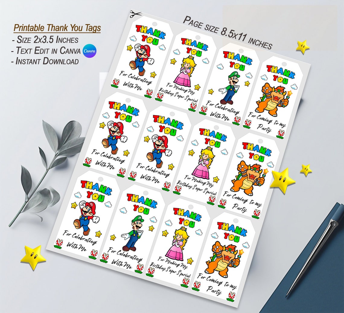 Printable Super Mario Bros Favor Tags - Cute Thank You Tags - Mario ...