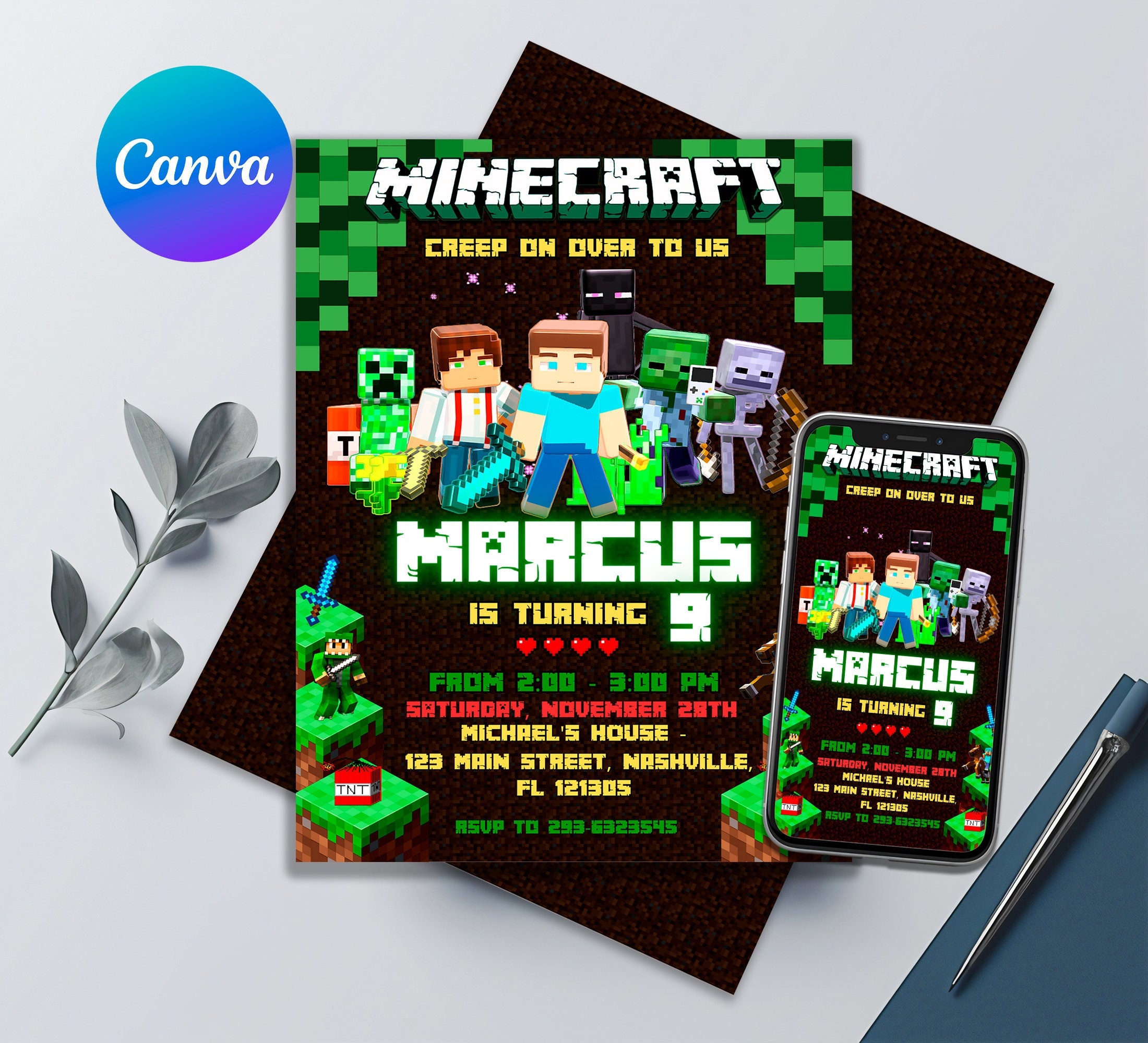 Minecraft Birthday Invitation, Printable & Editable Invitation Template ...