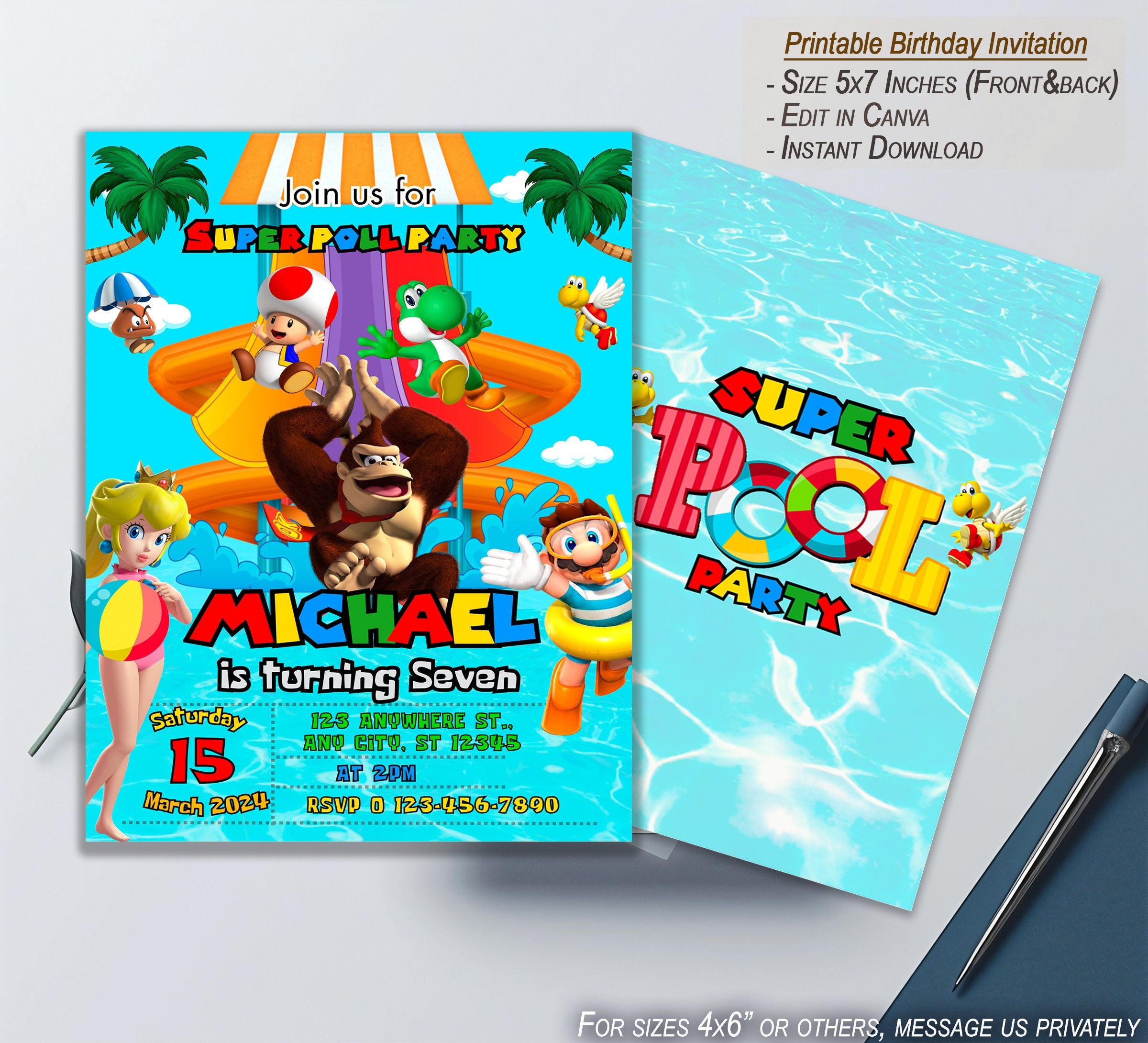 Mario Pool Party Birthday Invitation, Super Mario Bros Invitation ...