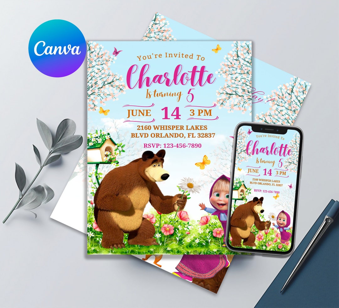 Masha and the Bear Birthday Invitation | Masha Birthday Party Invite ...
