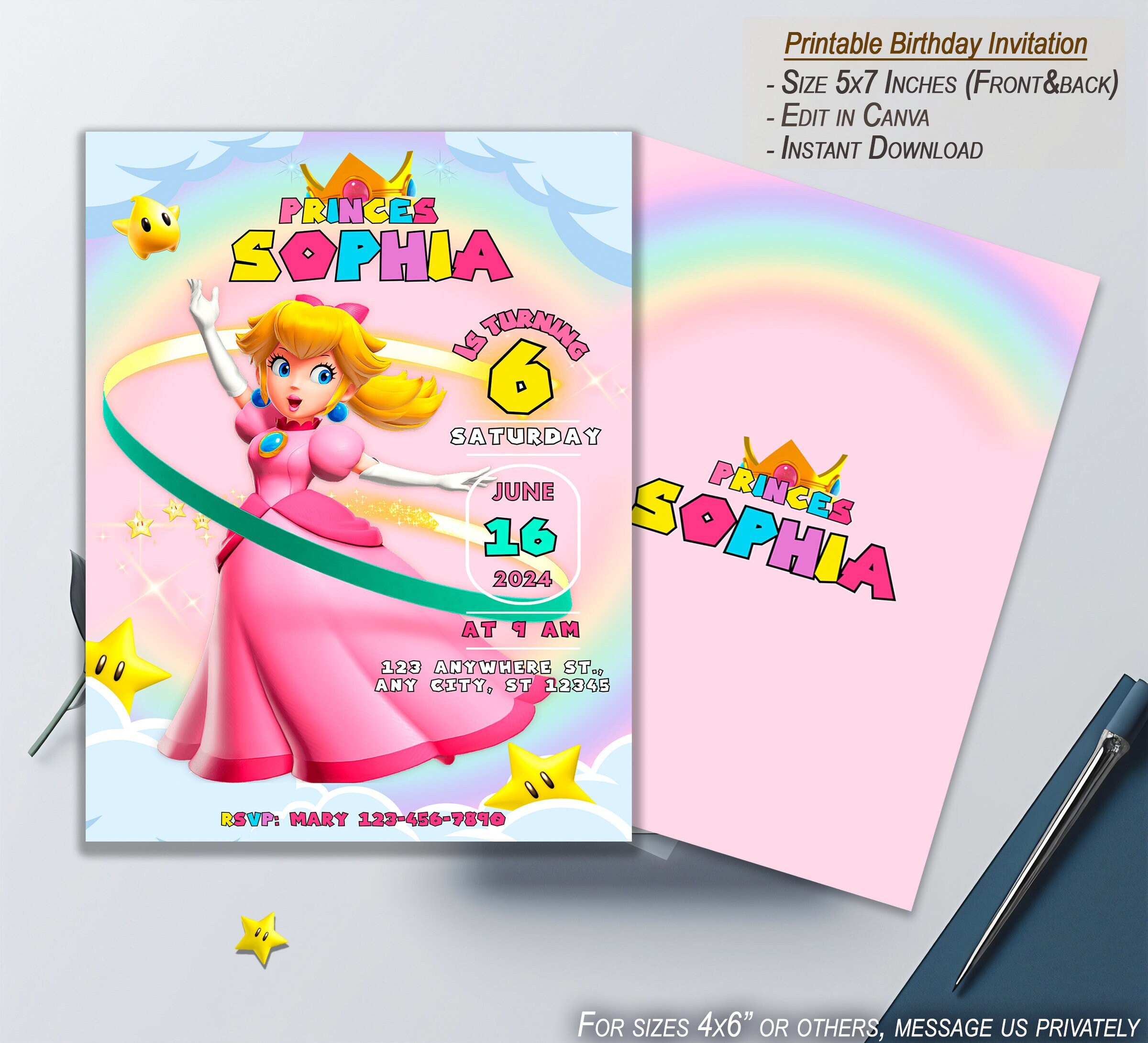 Princess Peach Birthday Invitation - Super Mario Princess Theme Party ...
