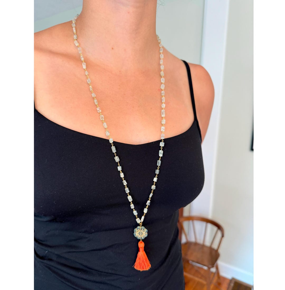 Flora Collection - Long Beaded Chain & Gemstone Necklace - Etsy