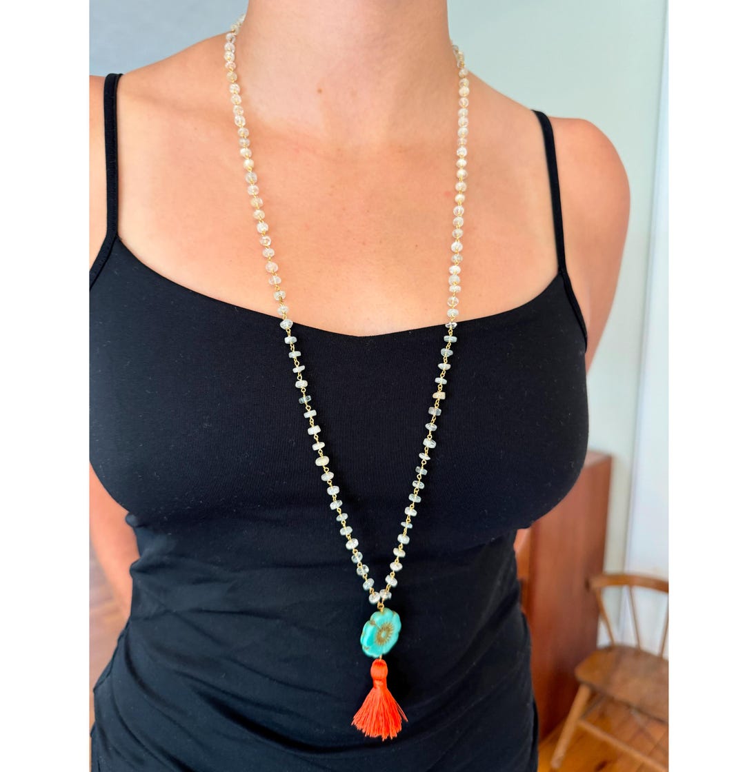 Flora Collection - Long Beaded Chain & Gemstone Necklace - Etsy