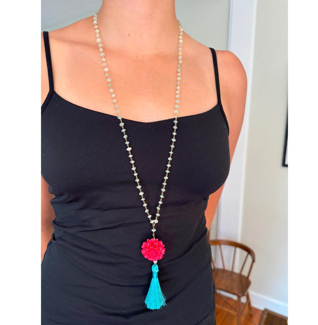 Flora Collection - Long Beaded Chain & Gemstone Necklace - Etsy