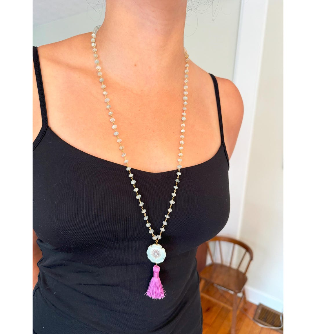 Flora Collection - Long Beaded Chain & Gemstone Necklace - Etsy