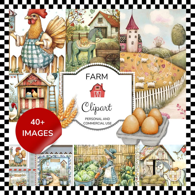 Vintage Farm Clipart - Rustic Barnyard Scenes, Antique Farm Equipment ...