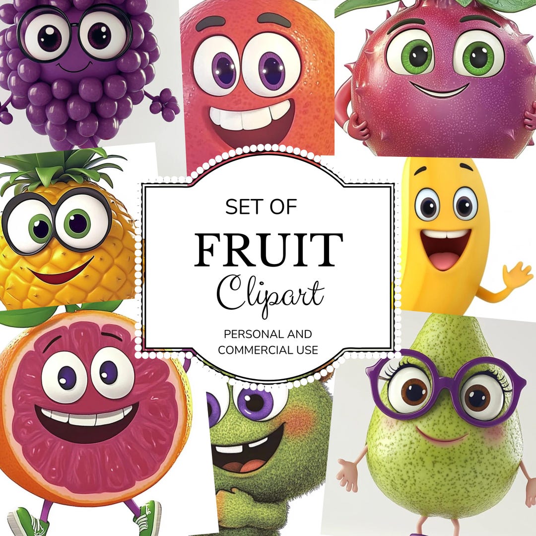 Fruit Clipart - Whimsical Fruit PNG, Digital Scrapbook, Junk Journal ...