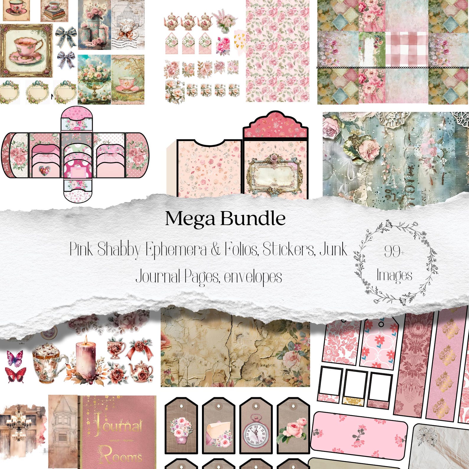 PINK SHABBY Ephemera Stash Printable Junk Journal Kit Distressed ...