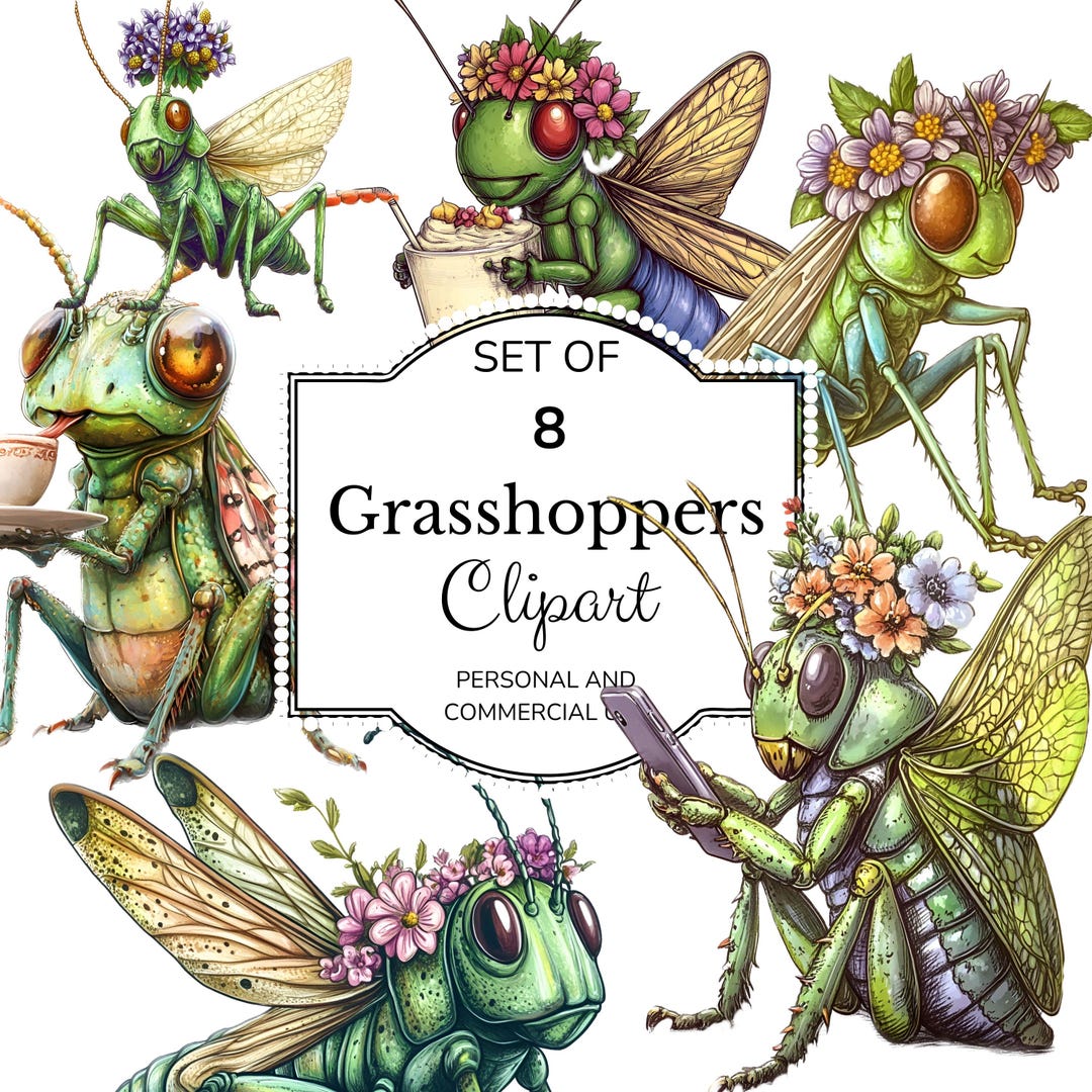 Whimsical Grasshopper Clipart | Cute Insect Pngs & Floral Bug ...