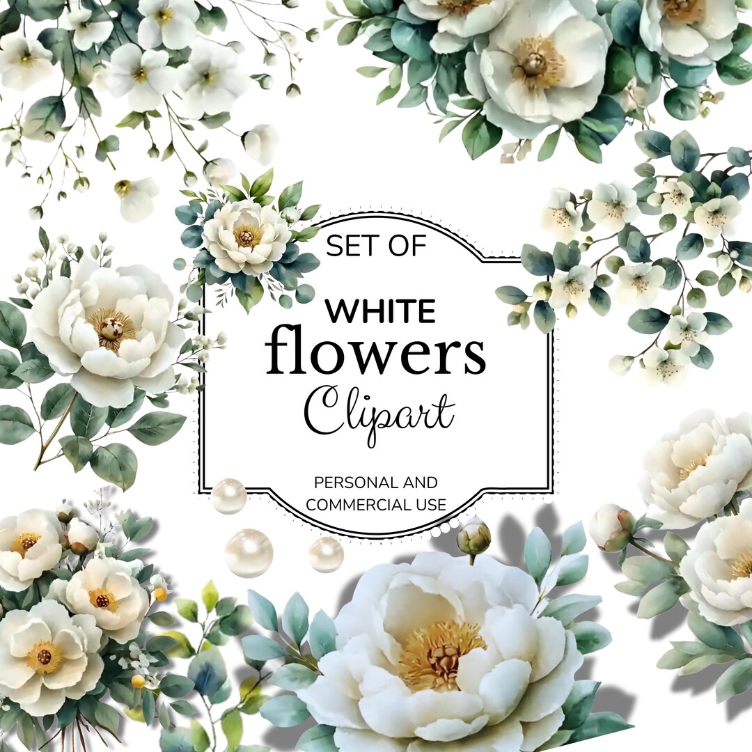 White Flowers Clipart, Watercolor Greenery Scrapbook - Elegant Peonies ...