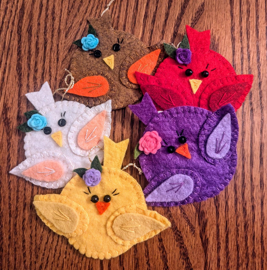 Lively Little Bird Ornaments, Wool Felt Birds, Hand-stitched Bird ...