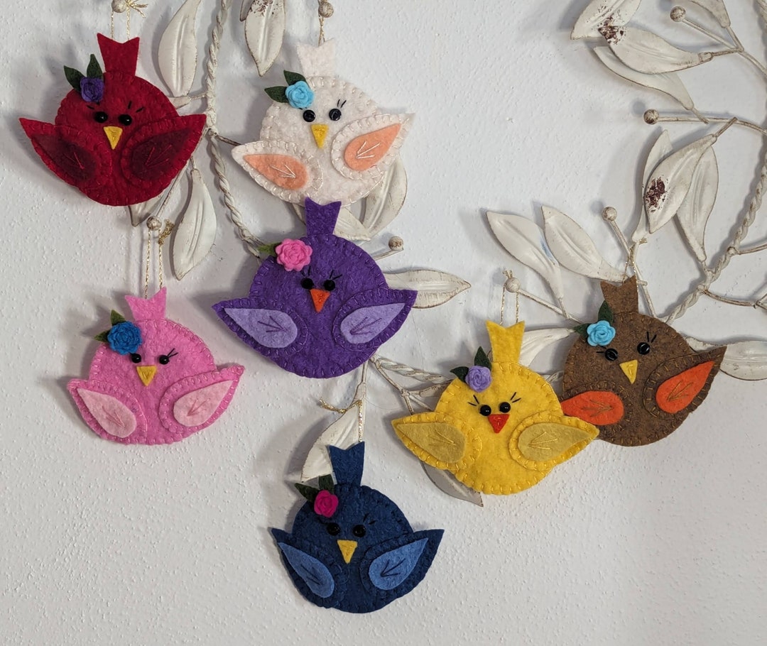 Lively Little Bird Ornaments, Wool Felt Birds, Hand-stitched Birds ...