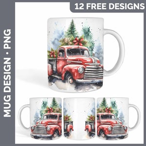 Christmas Truck Mug Wrap PNG Sublimation Design Bundle | Watercolor ...