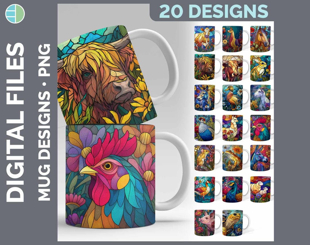 Stained Glass Highland Cow Mug PNG Sublimation Bundle | Floral Farm ...