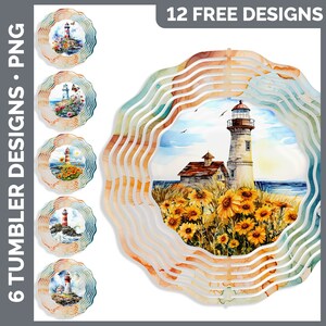 Watercolor Lighthouse Wind Spinner PNG Sublimation Design Bundle ...