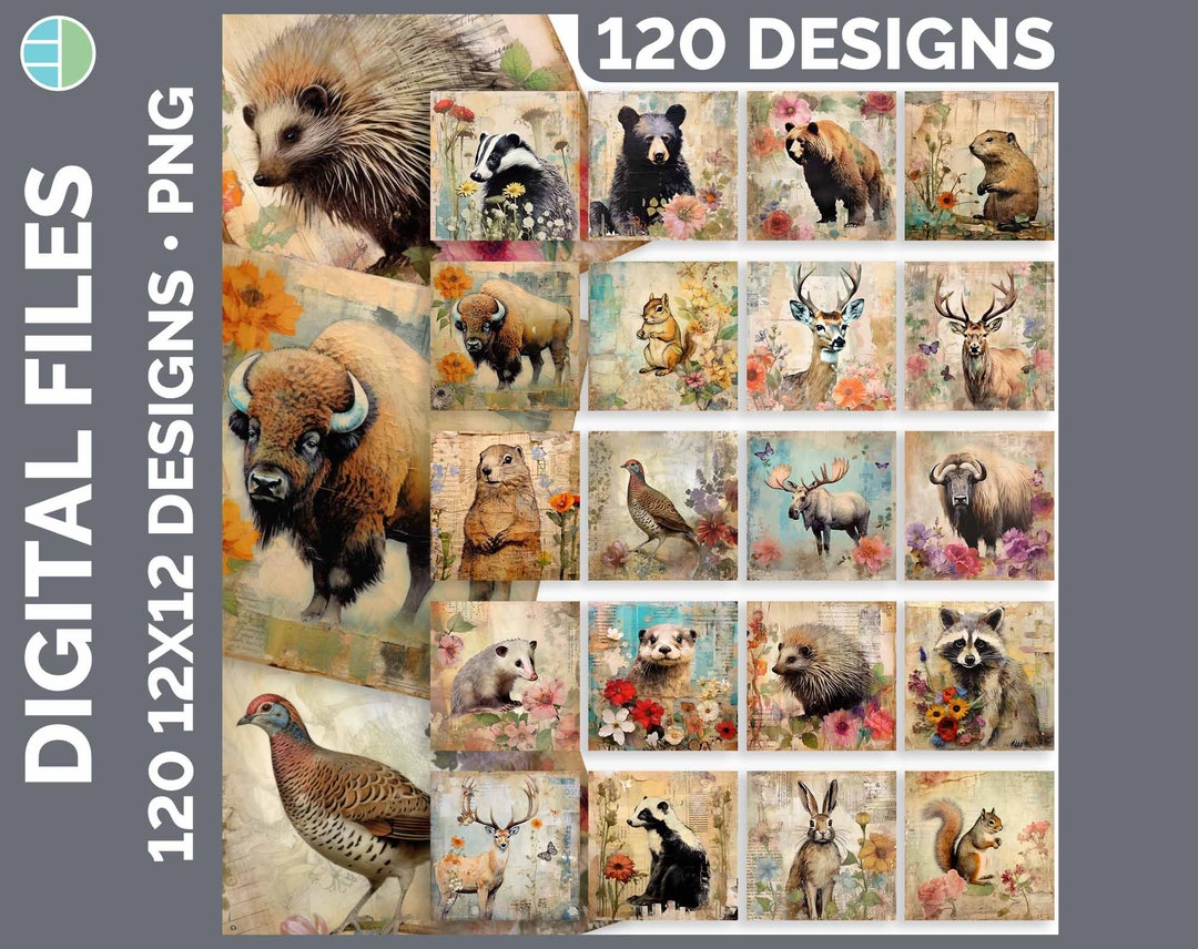 120 Vintage Woodland Animals Digital Paper PNG Mega Bundle | Junk ...