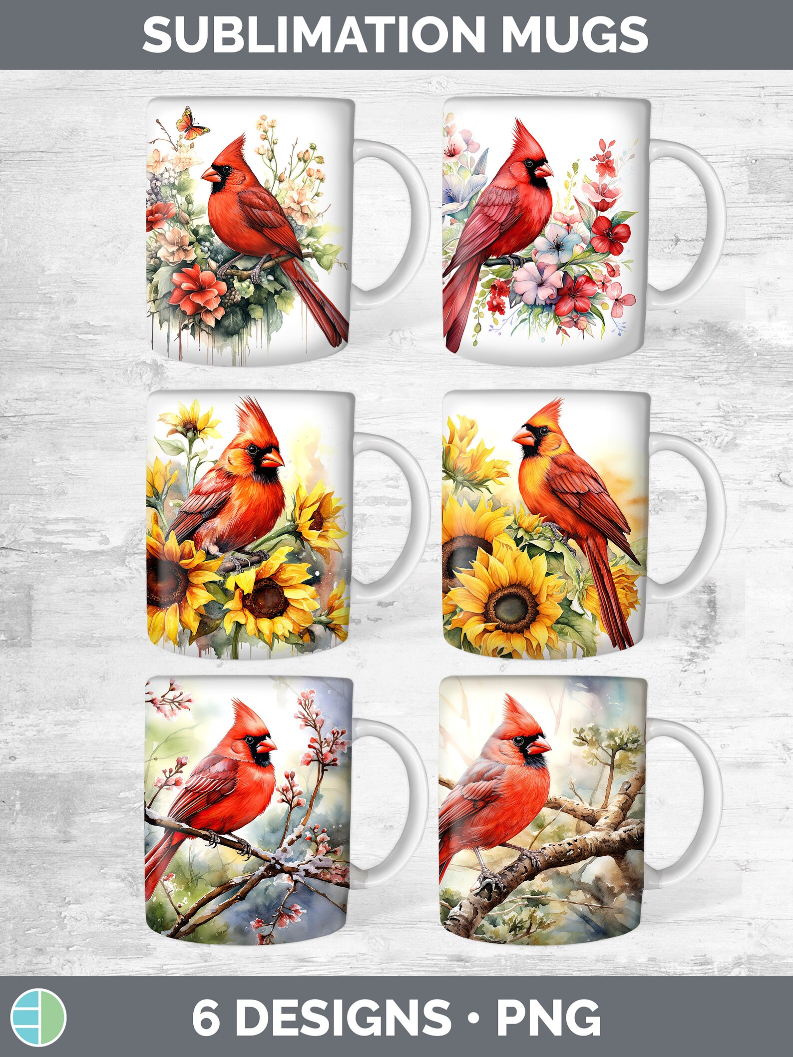 Watercolor Cardinal Mug Wrap PNG Sublimation Design Bundle | Sunflower ...