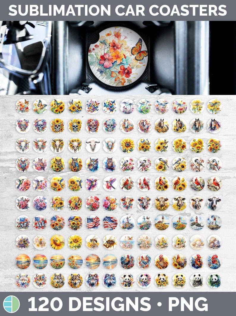 Watercolor Car Coaster Bundle Sublimation PNG Best Sellers Sublimation ...