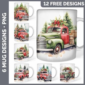Christmas Truck Mug Wrap PNG Sublimation Design Bundle | Watercolor ...