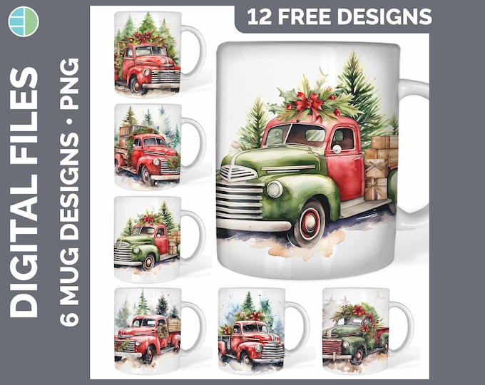 Christmas Truck Mug Wrap PNG Sublimation Design Bundle Watercolor ...