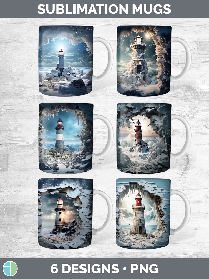 3D Hole in a Wall Winter Lighthouse Mug Wrap PNG Sublimation Designs ...