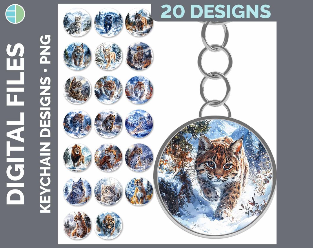 Winter Wildcat Keychain PNG Sublimation Design Bundle | Snow Tiger Lion ...