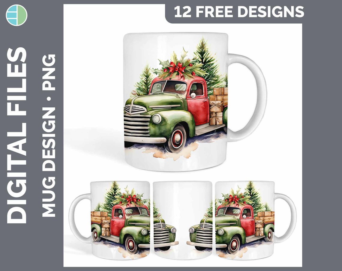 Christmas Truck Mug Wrap PNG Sublimation Design Bundle | Watercolor ...