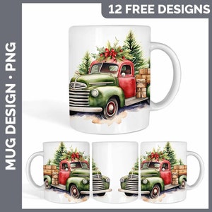 Christmas Truck Mug Wrap PNG Sublimation Design Bundle | Watercolor ...