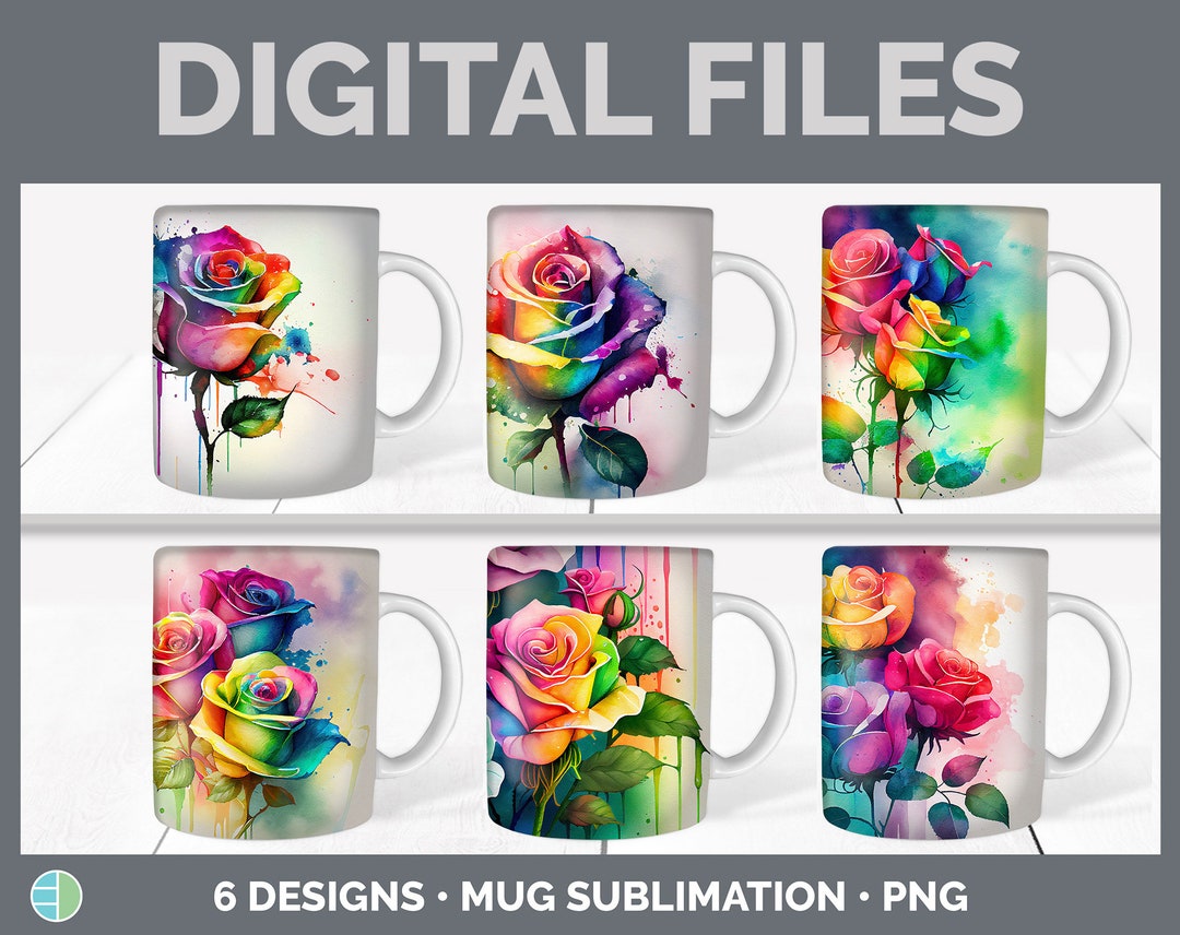 Rainbow Rose Mug Sublimation Backgrounds PNG Designs Watercolor Mug ...