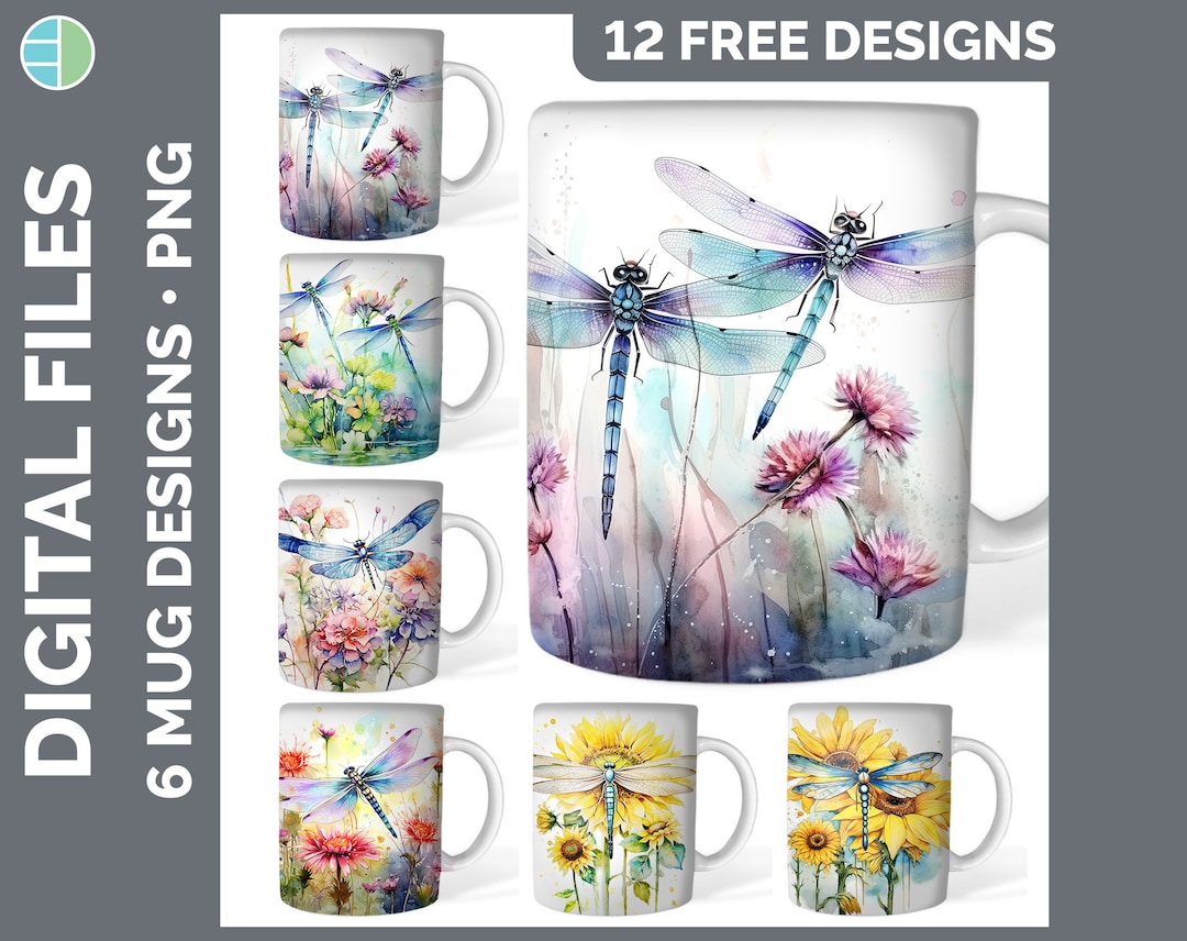 Watercolor Dragonfly Mug Wrap PNG Sublimation Design Bundle | Sunflower ...