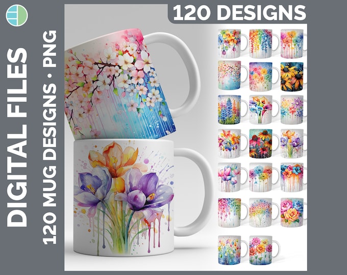 Rainbow Flowers Mug Wrap Sublimation Style Set 3 of 3 Floral Instant ...