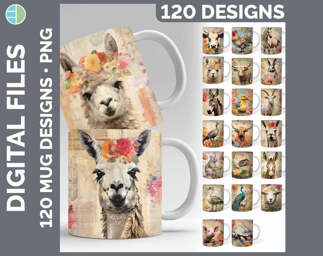 Vintage Farm Animals Mug Mega Bundle Sublimation Download | 120 ...