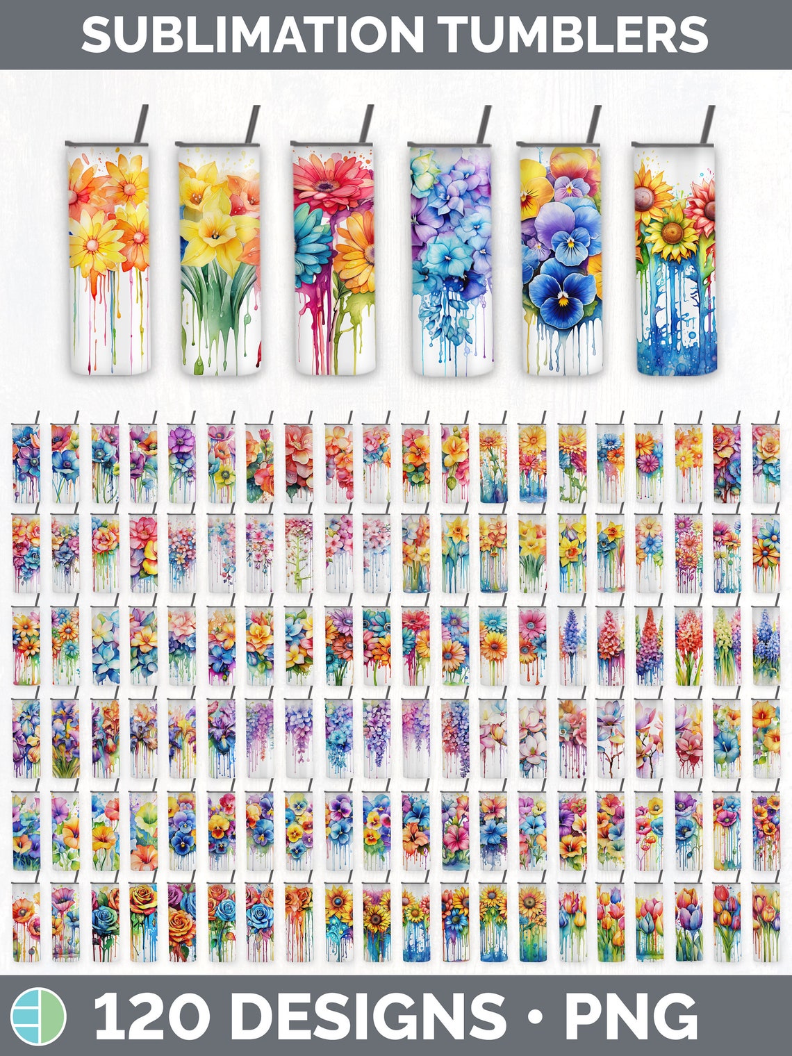 Rainbow Flowers Tumbler Wrap Sublimation | Style Set 2 of 3 | Floral ...