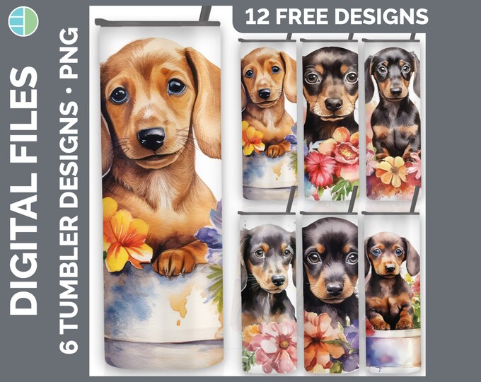 Dachshund Tumbler Wrap PNG Sublimation Design Bundle | Watercolor Puppy ...