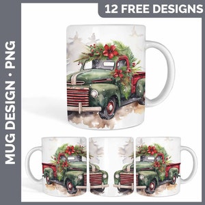 Christmas Truck Mug Wrap PNG Sublimation Design Bundle | Watercolor ...