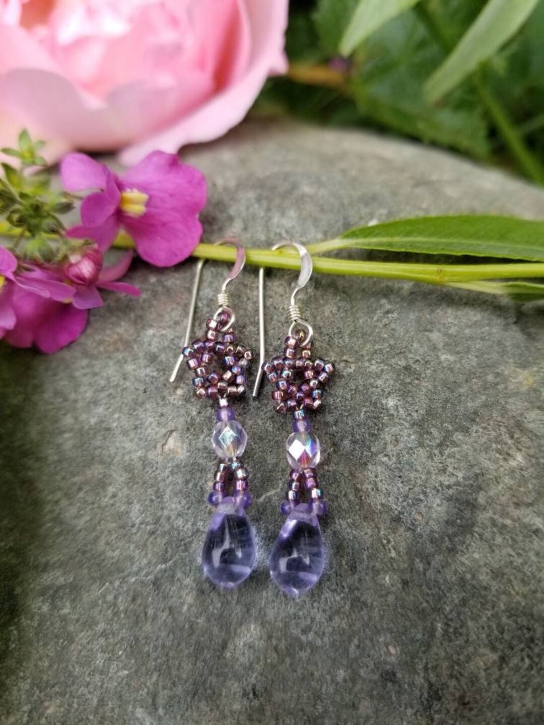 Lavender Seed Bead Drop Star Earrings, Czech Glass, by Raintree Beads ...